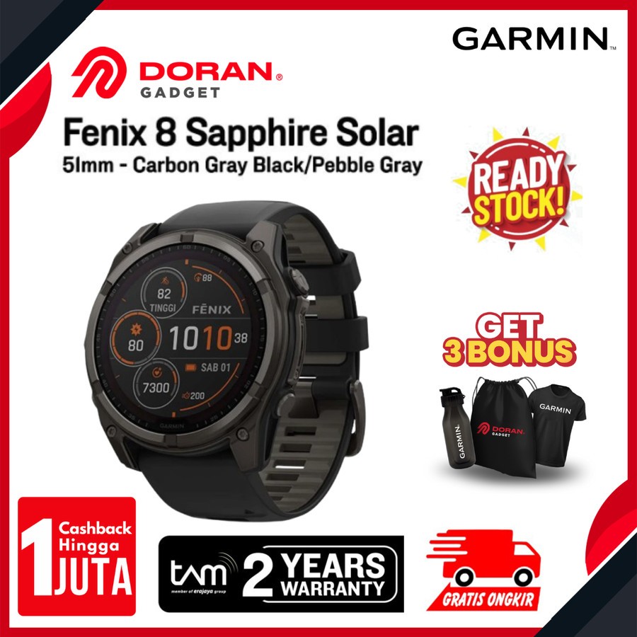 Jual GARMIN Fenix 8x Sapphire Solar 51mm - Carbon Gray Black/Pebble ...