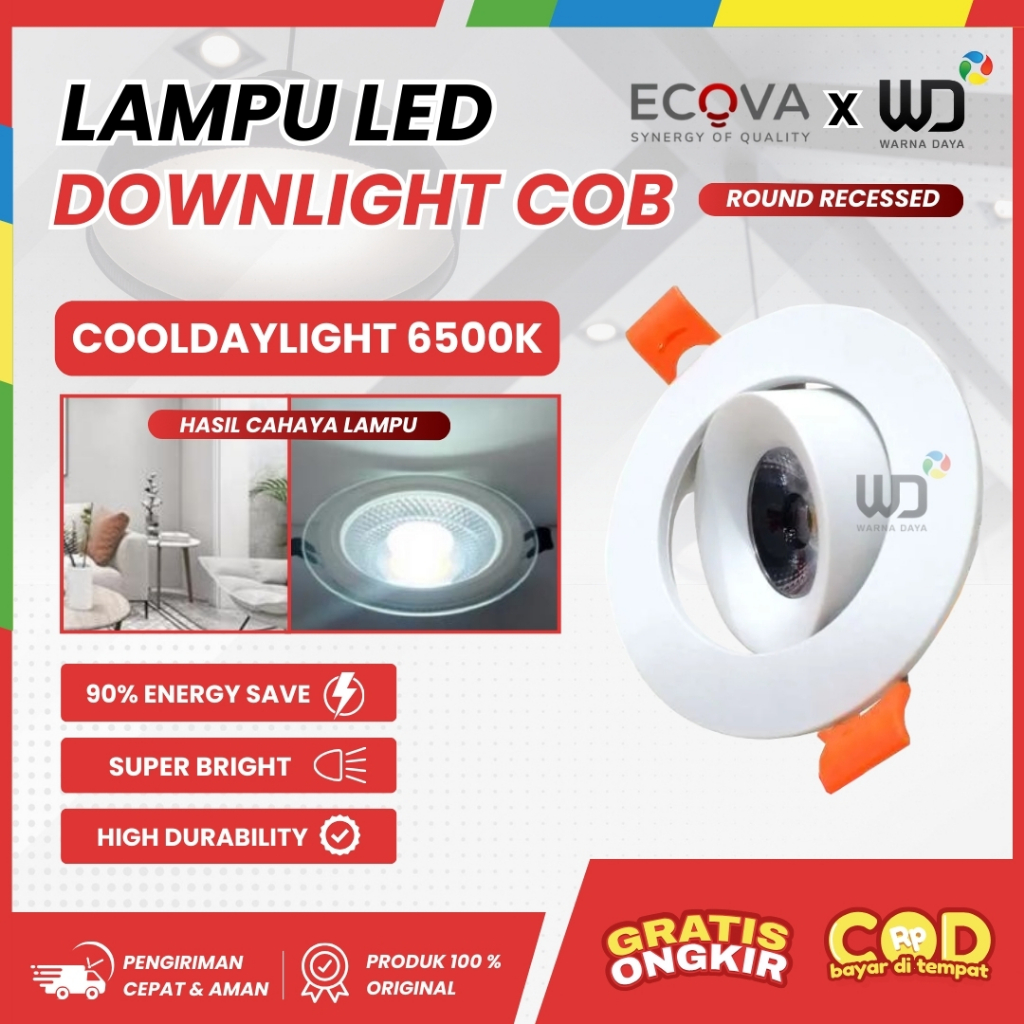 Jual ECOVA - Lampu Downlight LED COB Adjustable 7W / 12W / 18W Lampu Sorot CoolDayLight 6500K ...