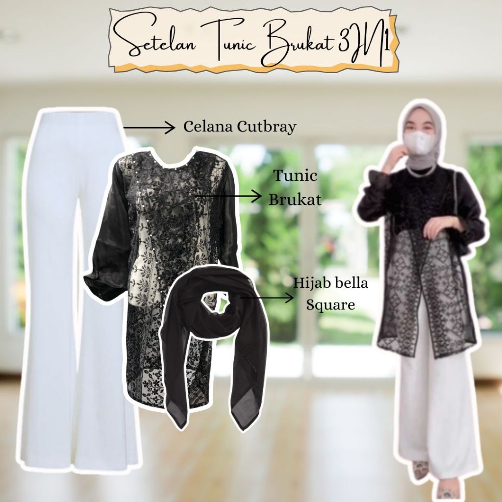 Jual OneSet Tunik Brukat Korean Look Celana Cutbray+Tunic Brukat+Hijab Ootd Wanita Kondangan ...