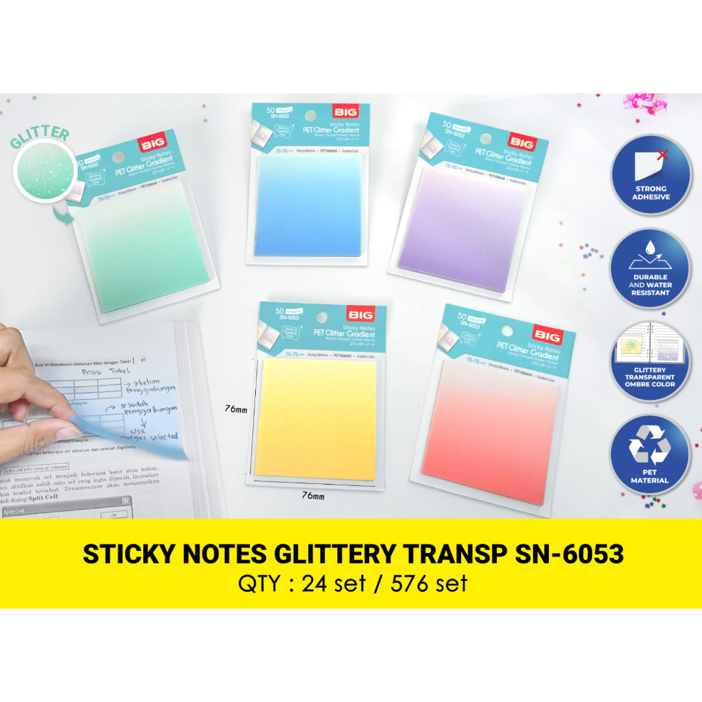 Jual BIG - Sticky Notes Warna Glitter Transparan / Note Kertas 76 x 76 ...