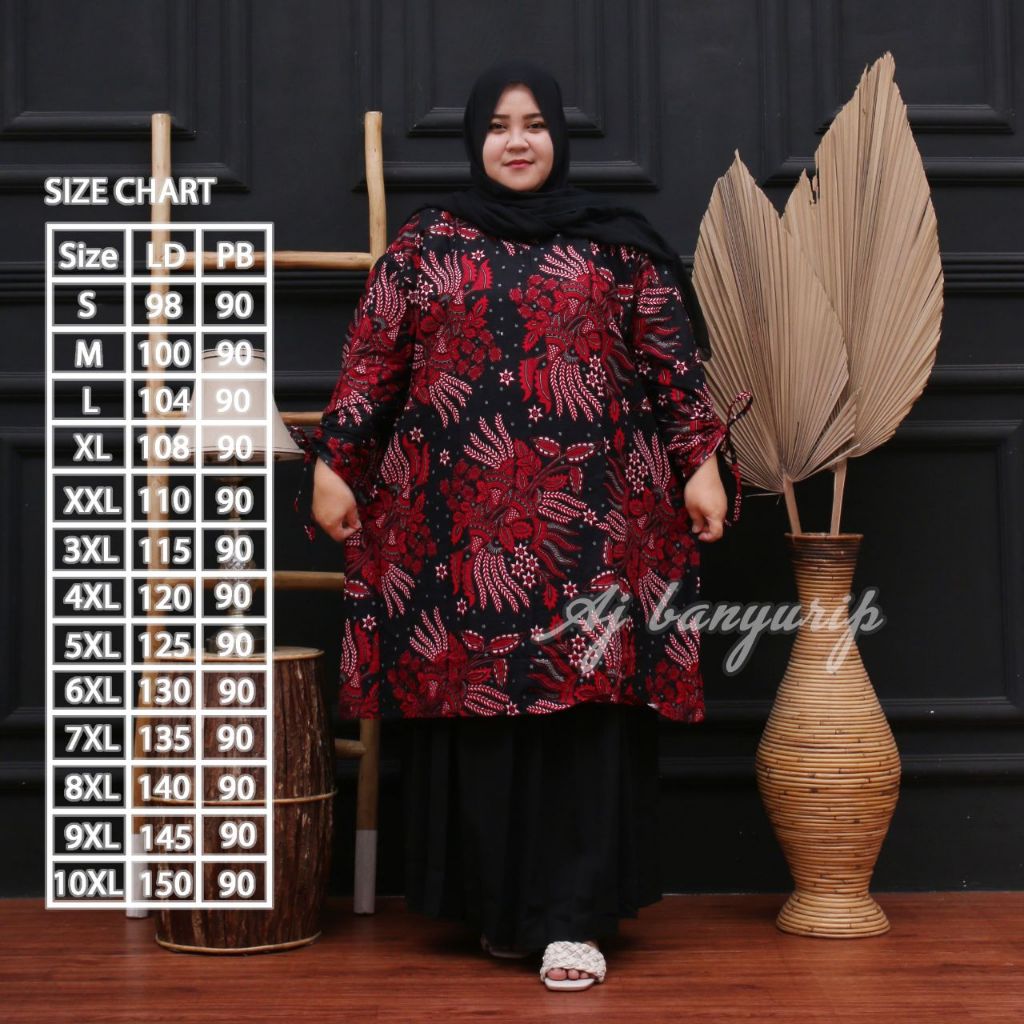 Jual (Aj Banyurip) Bisa COD Tunik Batik Murah Jumbo Manggar Merah Size S-10XL LD 98cm-150cm Muat ...