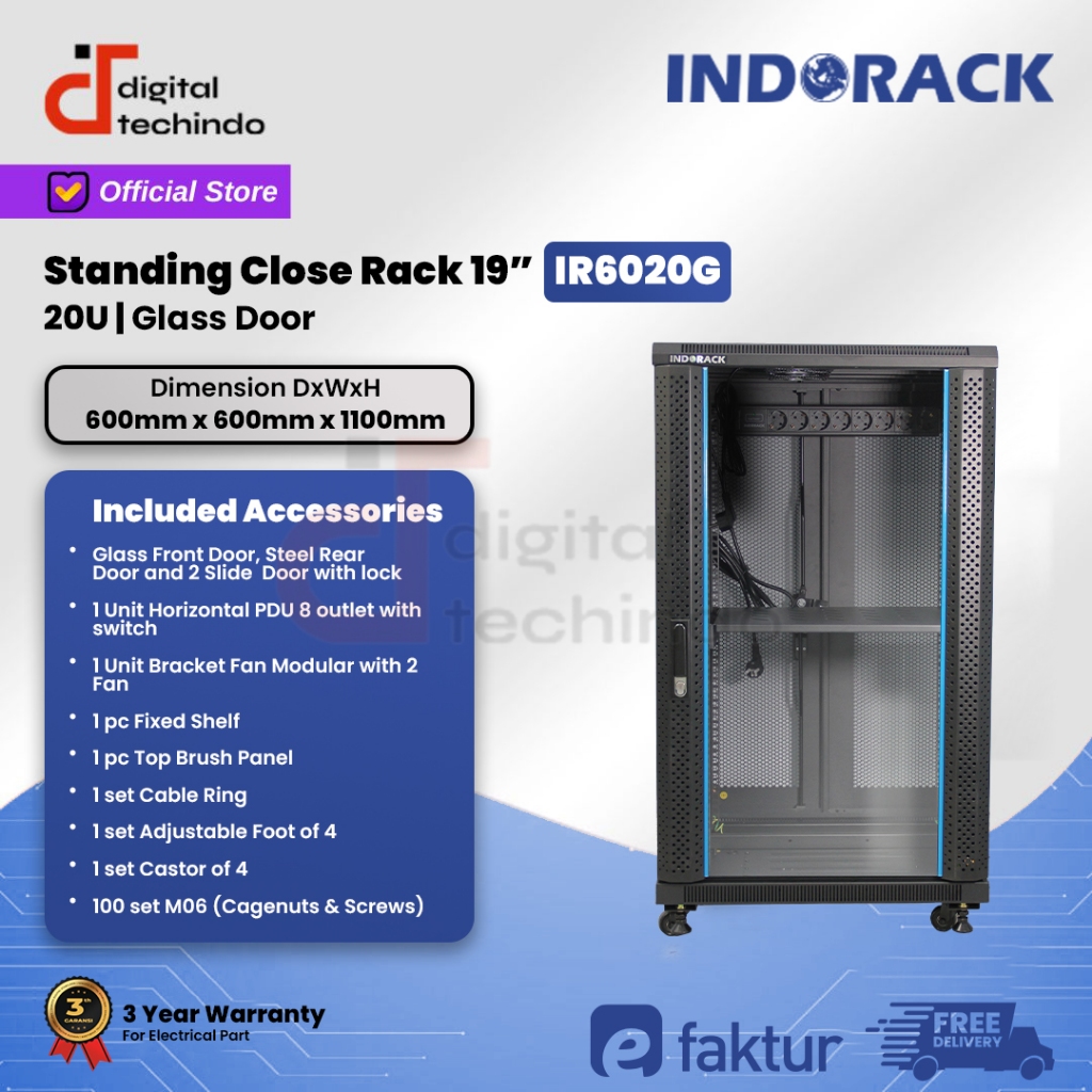 Jual IR6020G Close Rack 20U INDORACK Depth 600mm Glass Door Rak Server ...