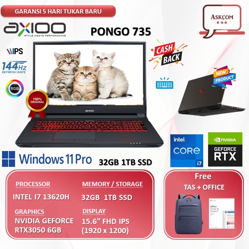 Jual Axioo Pongo 735 Intel Core i7 13620H RTX3050 6GB 32GB 1TB SSD 15 ...