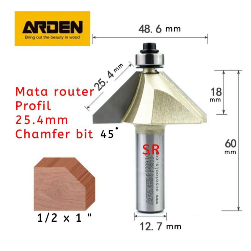 Jual Mata Router/ Profil 25mm As 1/2 × 1 Chamfer Bits 45 Derajat ARDEN ...