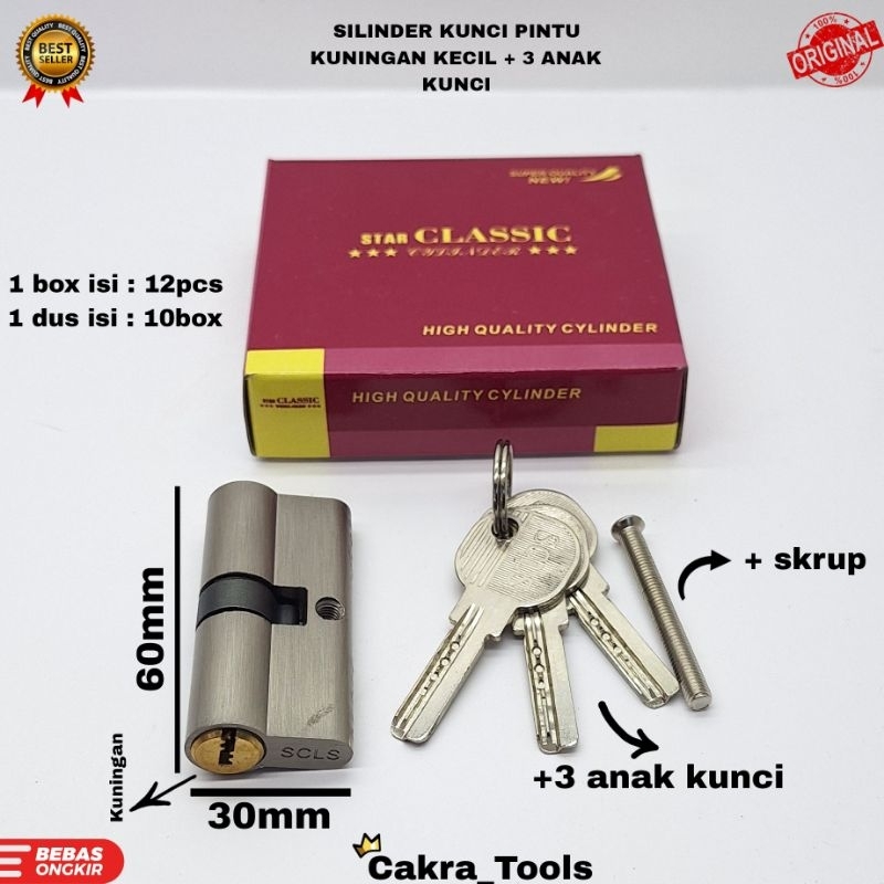 Jual SILINDER KUNCI PINTU KECIL 60MM JANTUNG KUNINGAN + 3 ANAK KUNCI COMPUTER KEY/SILINDER PINTU ...