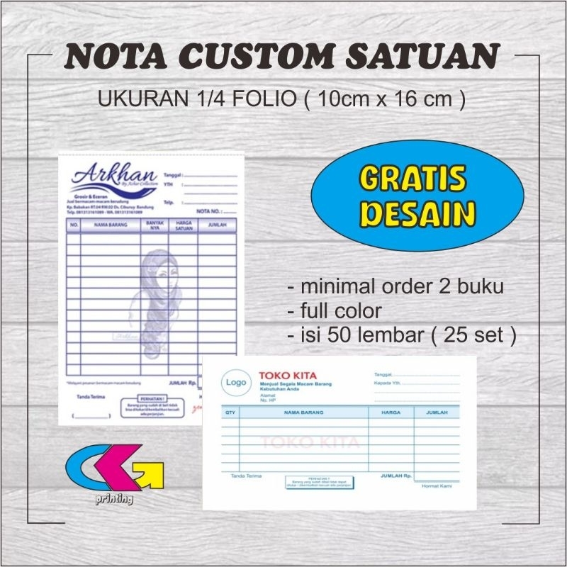 Jual cetak nota custom 2 ply ukuran ¼ folio || isi 50 lembar ( 25 set ...