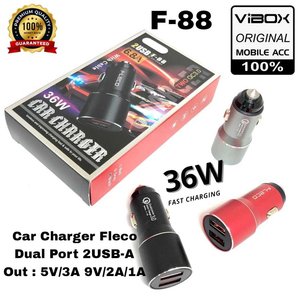 Jual Adaptor Charger Mobil F-88 36W Fleco 2usb 6.8A Fast Charging ...