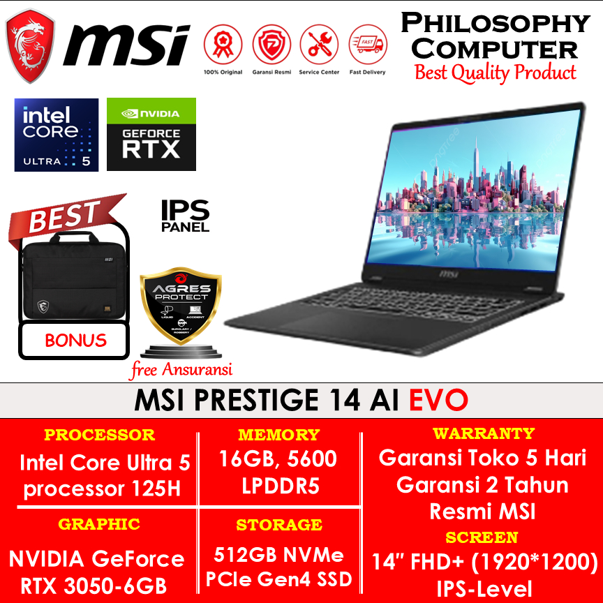 Jual MSI Prestige 14 AI C1UDXG Ultra 5 155H Evo 16GB 512ssd RTX3050 6GB ...