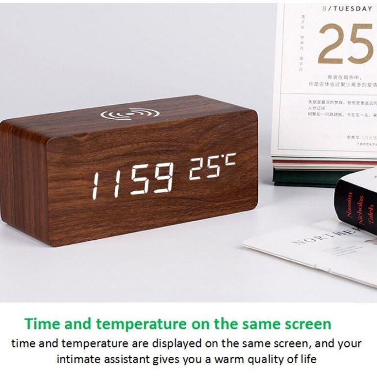 Jual JD-06 Hitam Wireless Charging Jam Kayu Digital Led Weker / Wooded ...