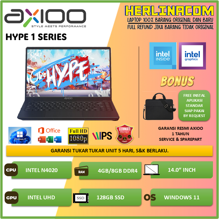 Jual LAPTOP AXIOO MYBOOK HYPE 1 INTEL N4020 8GB 128GB SSD 14.0 HD ...