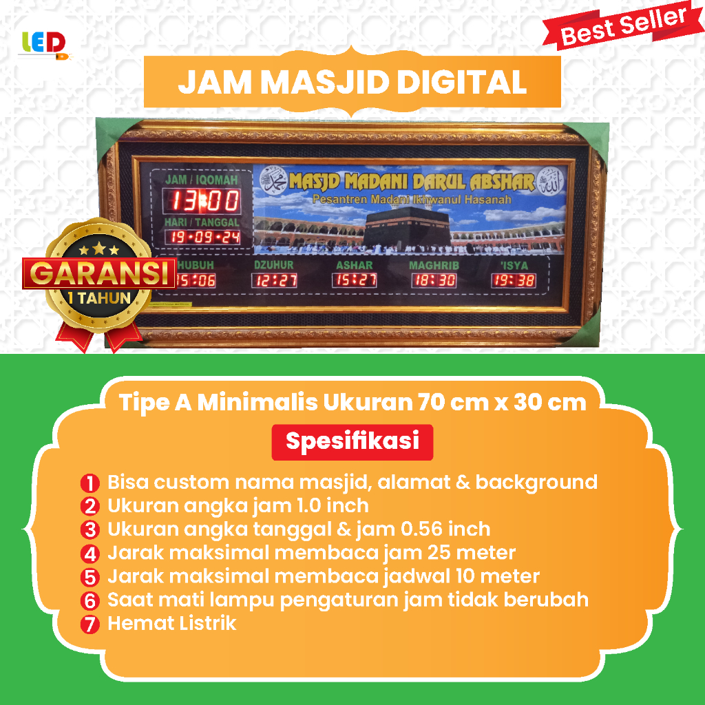 Jual Jam Masjid Jadwal Sholat Digital Ukuran 70 cm x 30 cm Tipe A Minimalis Bisa Custom Nama Dan ...