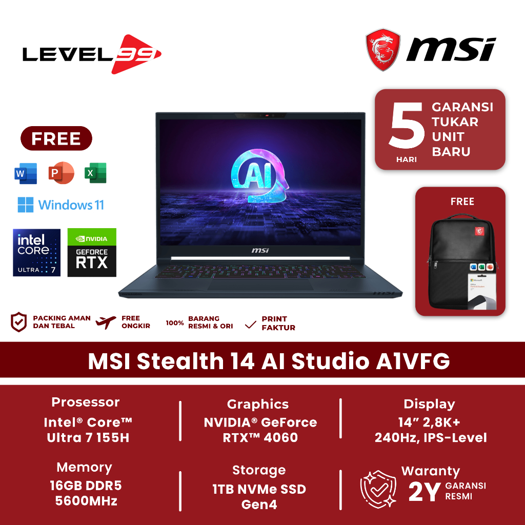 Jual Laptop MSI Stealth 14 AI Studio A1VFG 078 Ultra 7 155H/16GB/1TB ...