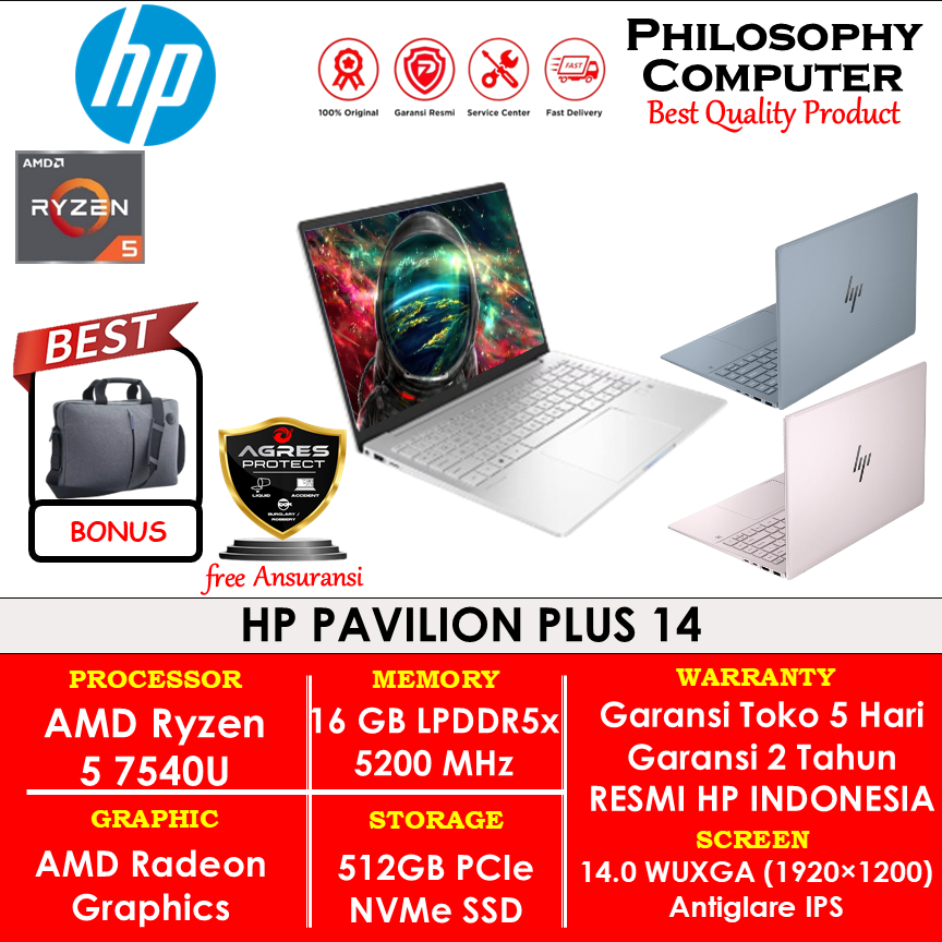 Jual HP PAVILION PLUS 14 RYZEN 5 7540 16GB 512GB W11+OHS 14.0WUXGA BLIT ...