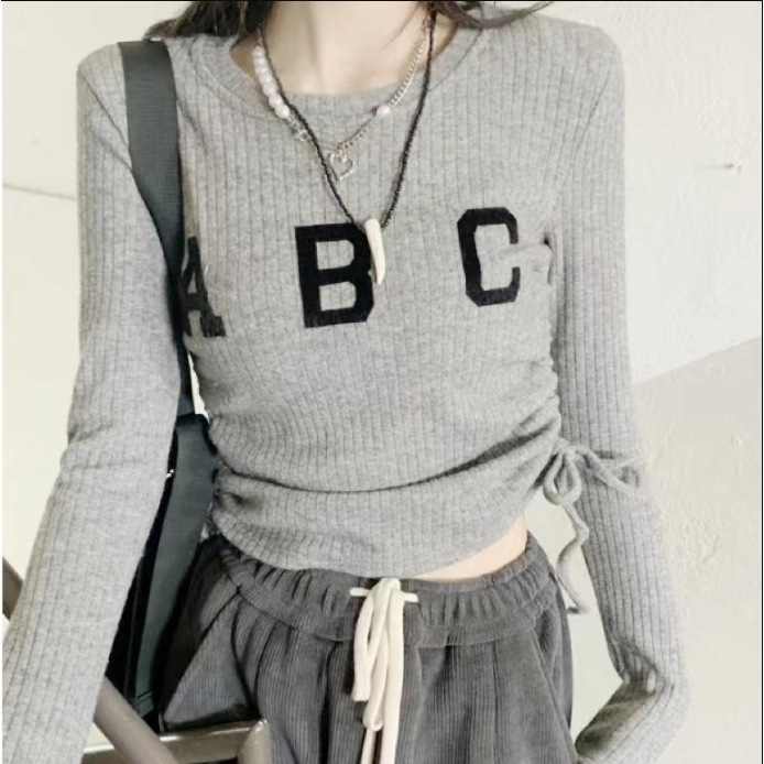 Jual Karley - Korean Long Sleeve Collar Neck Crop Tee Kaos Katun Wanita ...