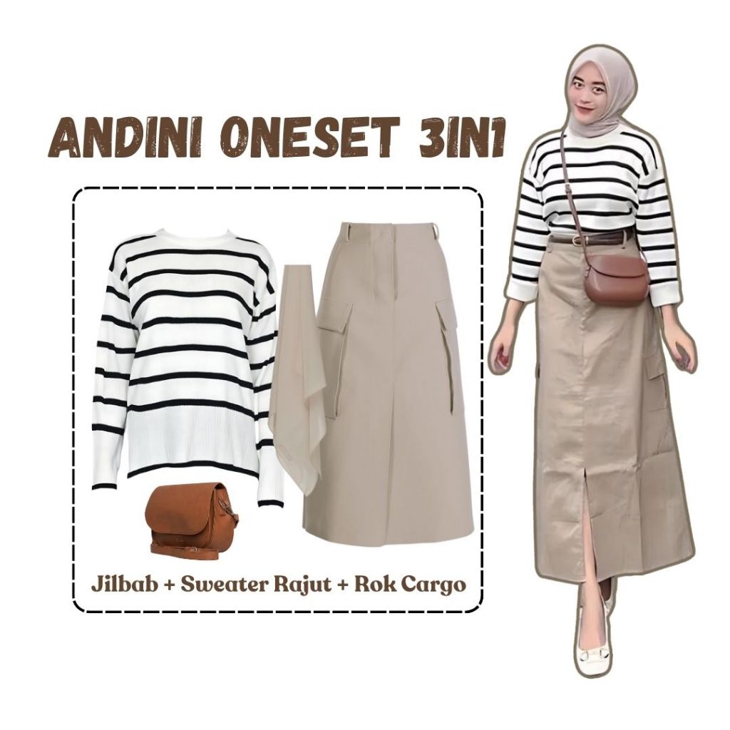 Jual MURAH !! One set 3in1 sweater rajut salur setrip rok cargo kargo saku jilbab bella | outfit ...