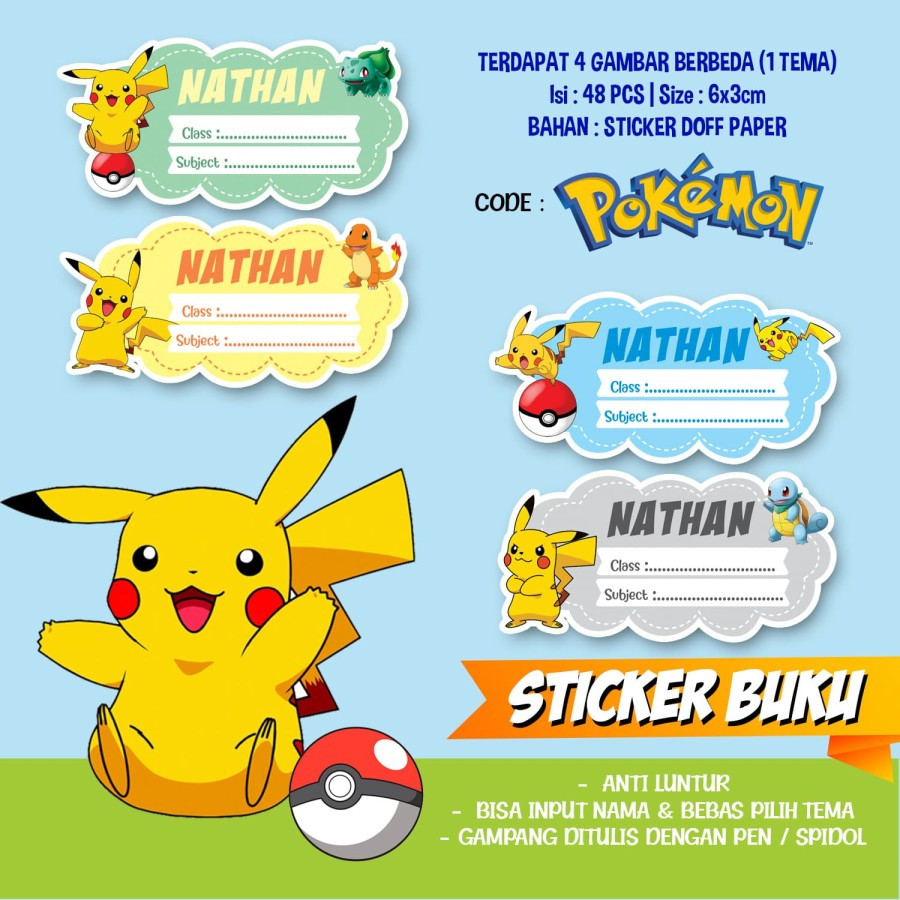 Jual Sticker / Stiker Buku Custom Nama Karakter POKEMON PIKACHU ...