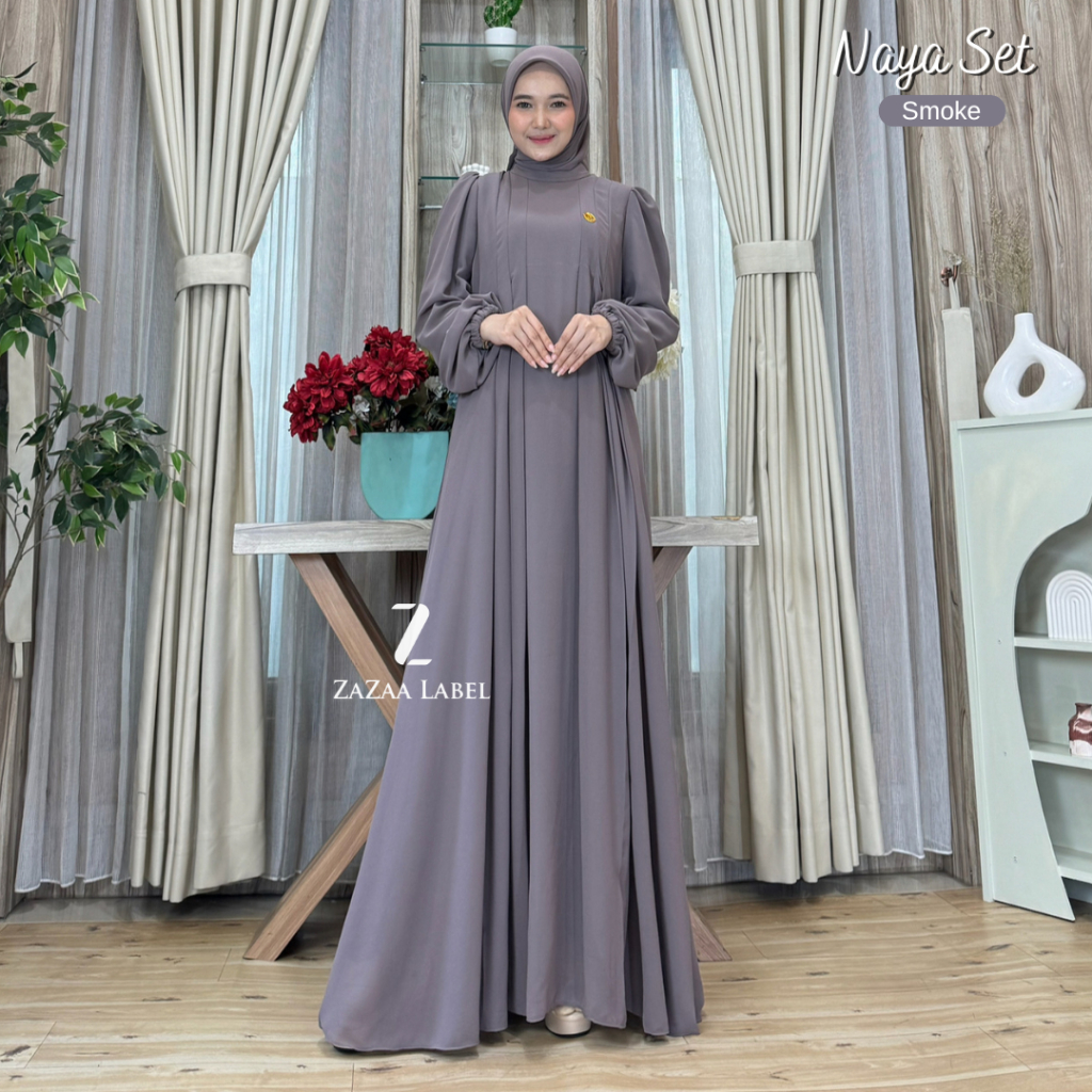 Jual Zazaa Label - Naya Set Gamis Hijab Motif Polos Bahan ceruti ...