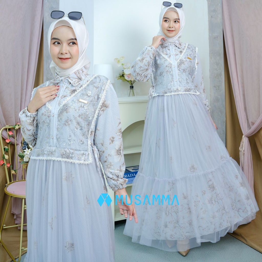 Jual GHINA DRESS - Gamis Ceruty Print Full Furing Mix Tile Renda Busui ...