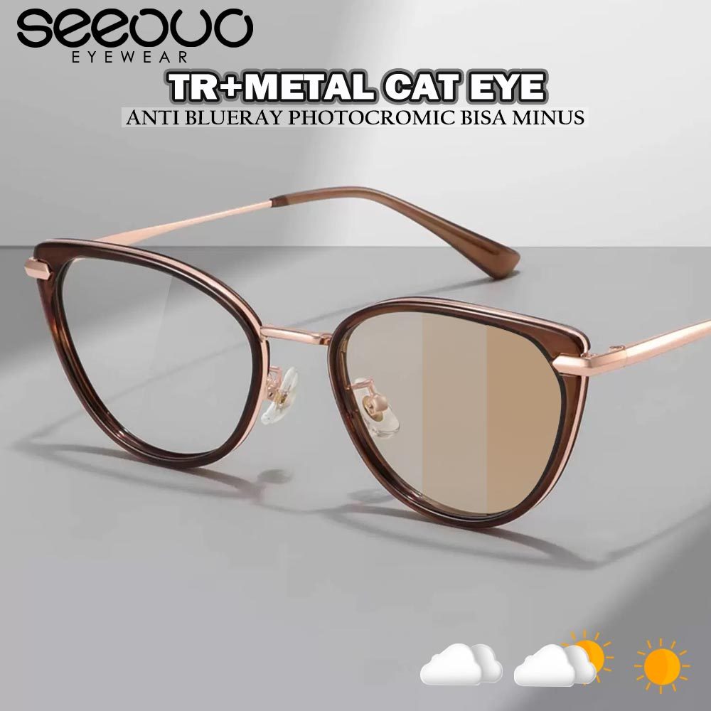 Jual Seeouo Kacamata Bluecromic Lens Bentuk Cat Eye High Quality TR+Metal Fashion Unisex Bisa ...