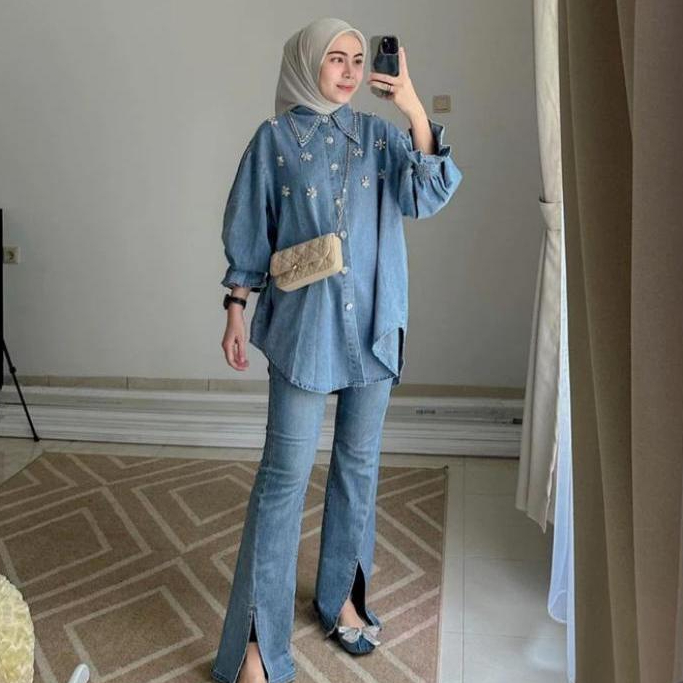 Jual Pola Wear Twyla Kemeja Jeans Wanita Payet Atasan Oversize Denim ...