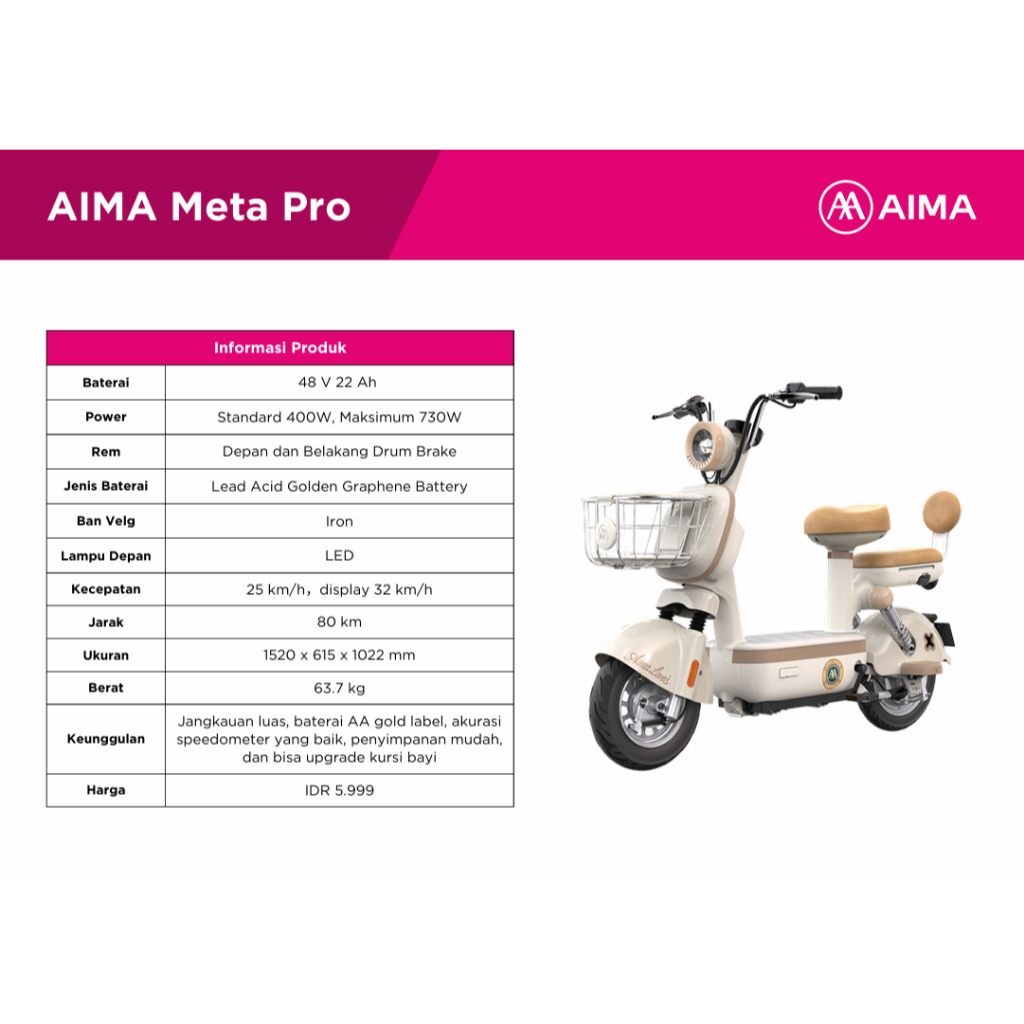 Jual Sepeda Listrik Dewasa Aima Meta Pro Baterai 48V 22AH 730W Free ...
