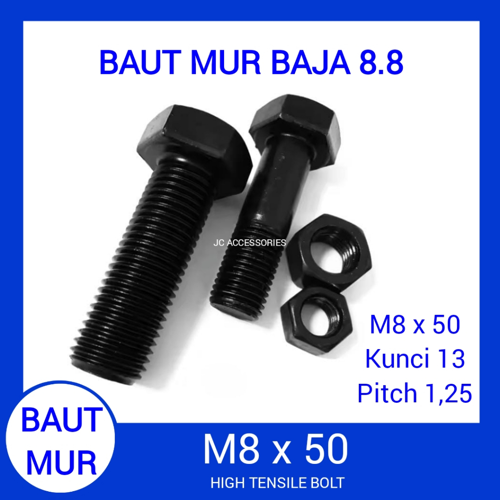 Jual BAUT MUR BAJA 8.8 M8X50 KUNCI 13 PITCH 1,25 FULL DRAT HALF DRAT HIGH TENSILE BOLT HEX ...