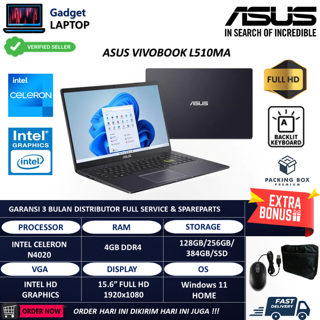 Jual Laptop Asus Vivobook L510MA Intel N4020 4GB 384GB SSD 15.6" Full ...