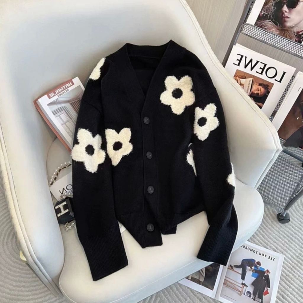 Jual LULU - Cardigan Rajut Motif Floral Bunga Style Korea 3667F ...