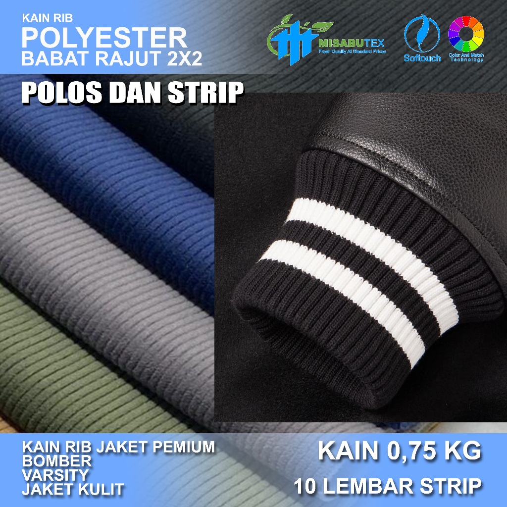 Jual Kain Rib/bur babat 2x2 polos salur premium polyester pe jaket ...
