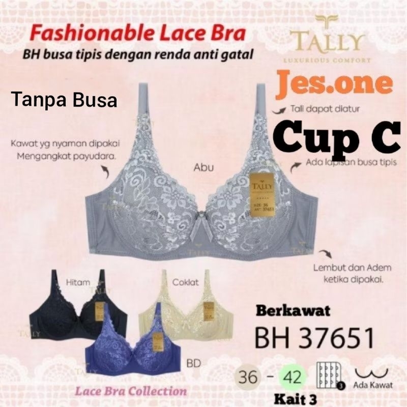 Jual TALLY 37651 BH Bra Berkawat Tanpa Busa Brokat Cup C Kait 3 sz 36 - 42 | Shopee Indonesia