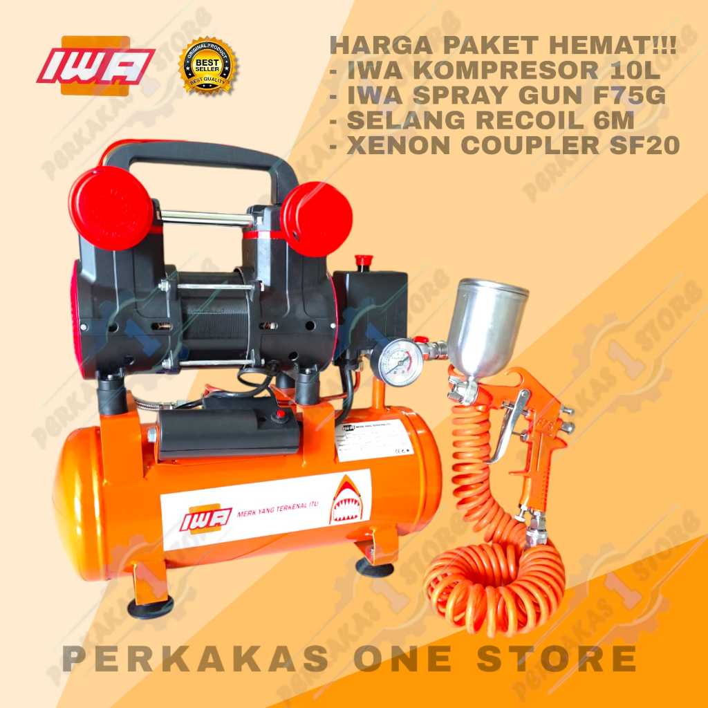 Jual HARGA PAKET MURAH!! Kompresor IWA 10 LITER Mesin Kompresor Silent Oilles 1HP + Spray gun ...