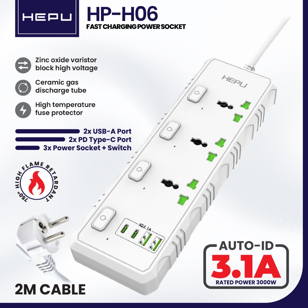 Jual HEPU HP-H06 Smart power socket + USB Fast Charging colokan stop ...