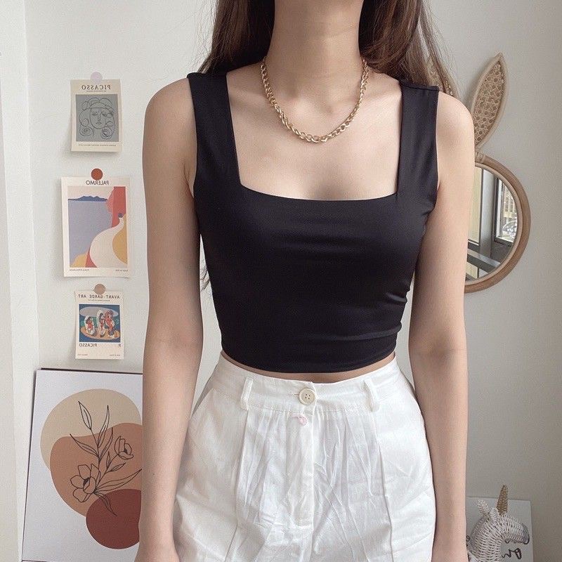 Jual Crop Square tank Top Basic Doue Layer Korea atasan crop | Shopee ...