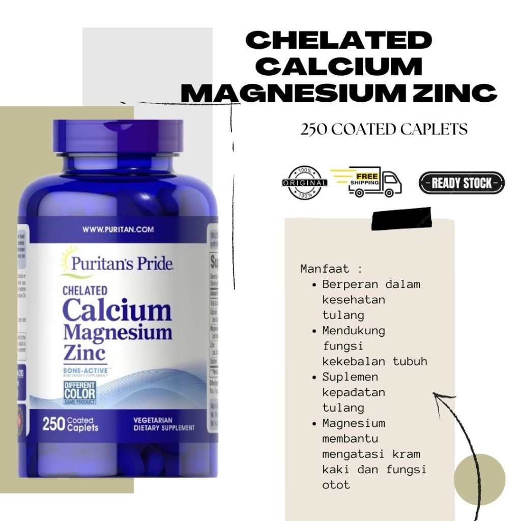 Jual Puritan Pride Chelated Calcium Magnesium Zinc 250 Caplets untuk ...