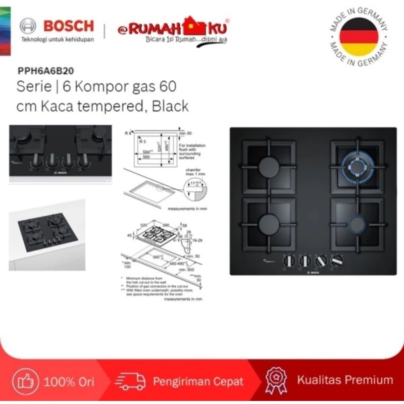 Jual Kompor Tanam Bosch PPH6A6B20 Built-In Gas Hob | Shopee Indonesia