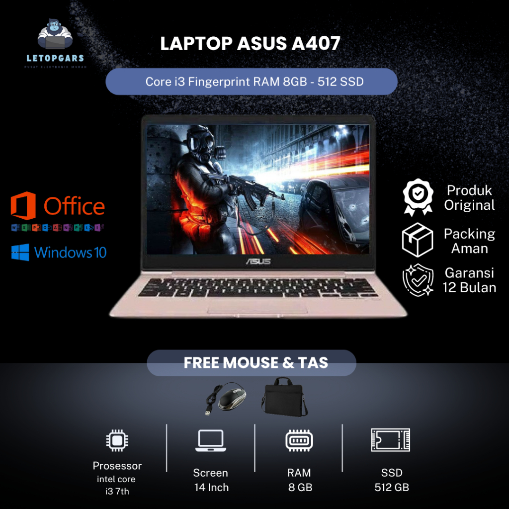 Jual Laptop Asus A407 Core i3 Fingerprint RAM 8GB - 512 SSD | Shopee ...