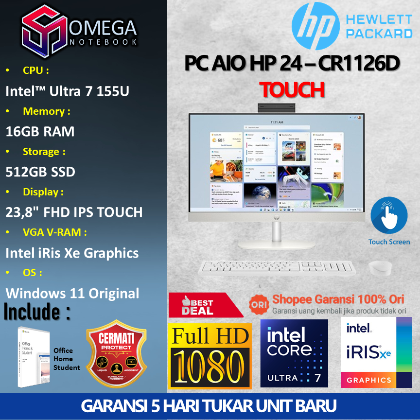 Jual PC AIO HP 24-CR1126D TOUCH Intel Ultra 7 155U 16GB 512GB UHD 23,8 ...
