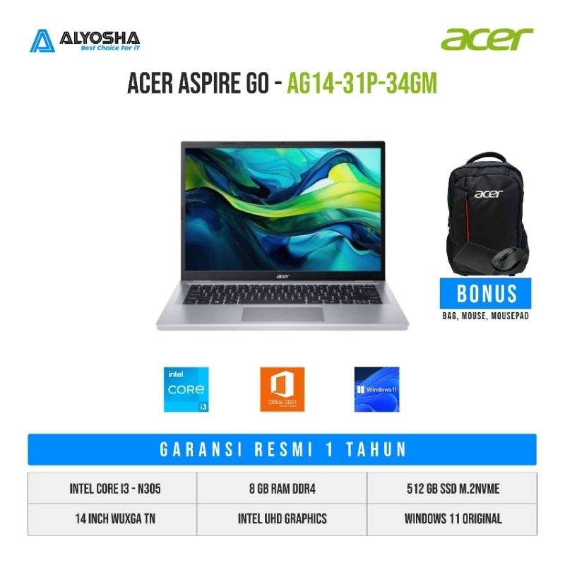 Jual Acer Aspire Go 14 AG14-31P-34GM | Intel Core i3-N305 | 8GB RAM ...