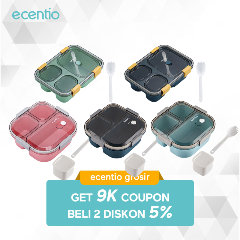 Jual 【grosir exclusive】ecentio Kotak Makan anti tumpah 3 Grid 850ml/1100ml lunch box Biru/Hijau ...