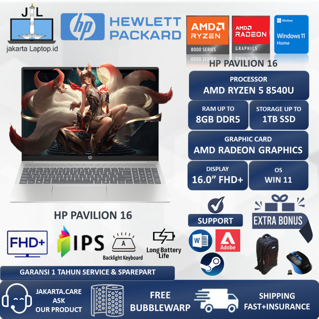Jual LAPTOP HP PAVILION 16 AMD RYZEN 5 8540U RAM 8GB DDR5 1TB SSD WUXGA IPS BACKLIT SILVER ...