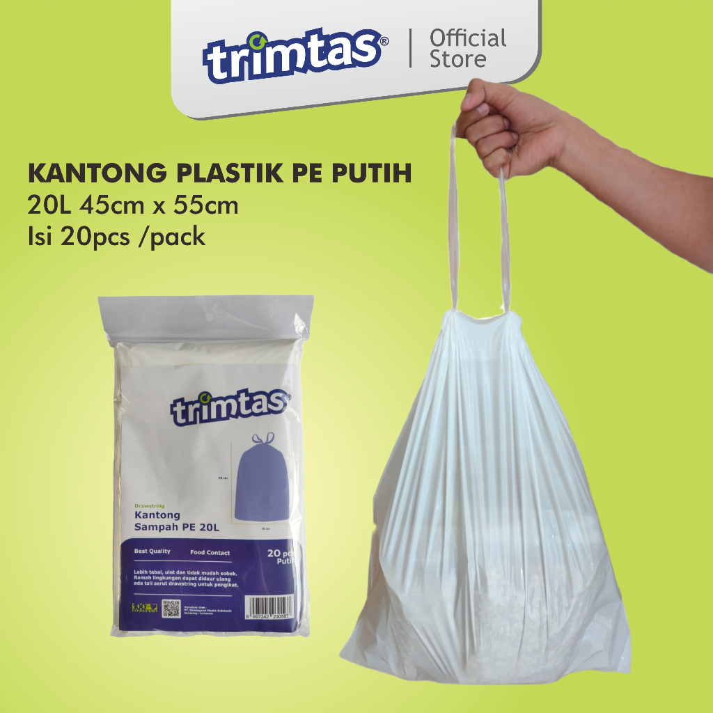 Jual TRIMTAS Kantong plastik drawstring PE putih 20L 45cm x 55cm isi 20 pcs | Shopee Indonesia