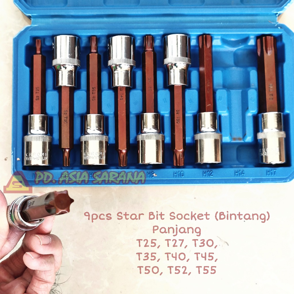 Jual Star Bit Socket 9pcs Set 1/2" x T25-T55 Bintang Panjang Torx Mata Kunci L Inch JLD 1579 ...