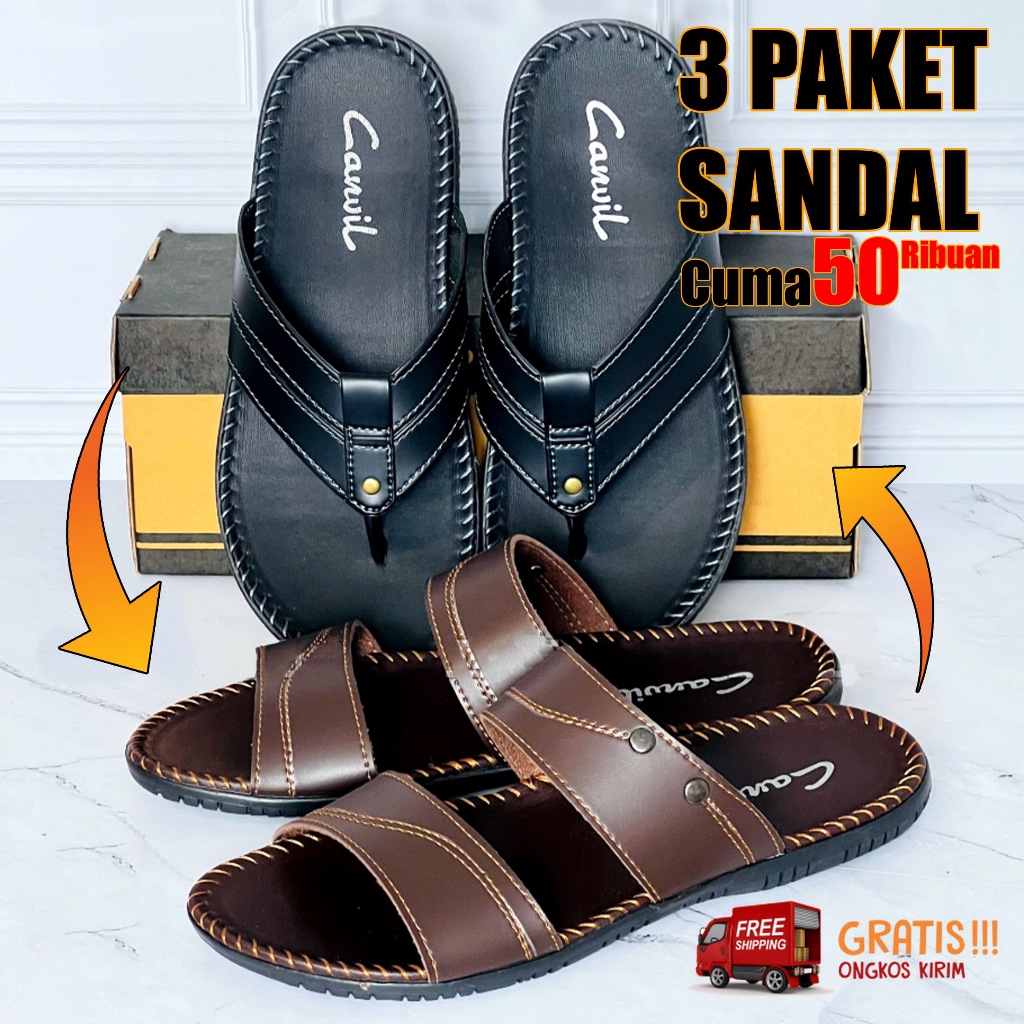 Jual BELI 1 DAPAT 3 PASANG SANDAL KULIT JEPIT SELOP PRIA KEKINIAN ...