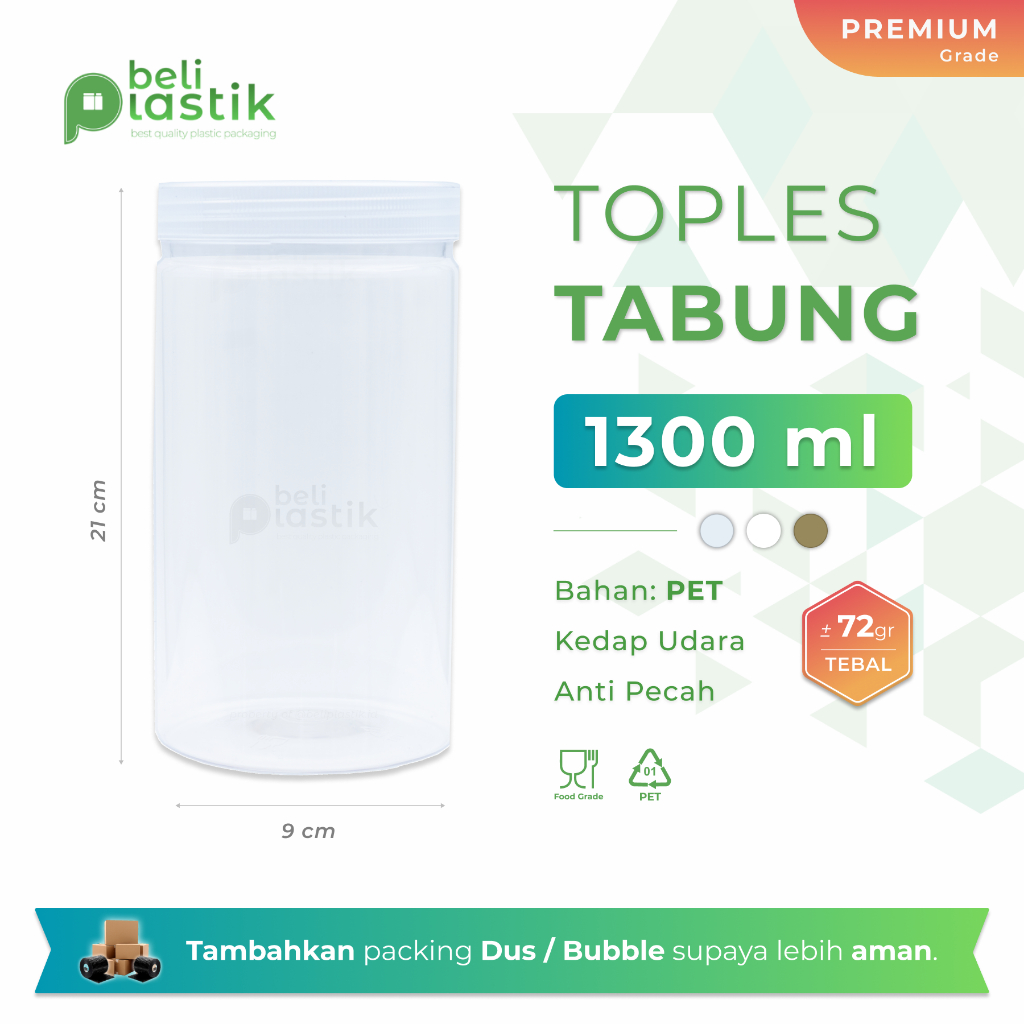 Jual Toples Plastik Tabung 1300 ml Bening - Jar 1300ml Tebal Toples Kue ...