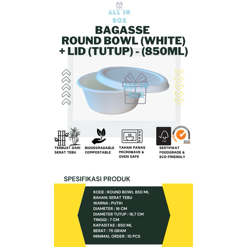 Jual BAGASSE ROUND BOWL 850 ML + LID (Tutup) BESTFRESH - Mangkok Bulat Takeaway Eco-Friendly ...
