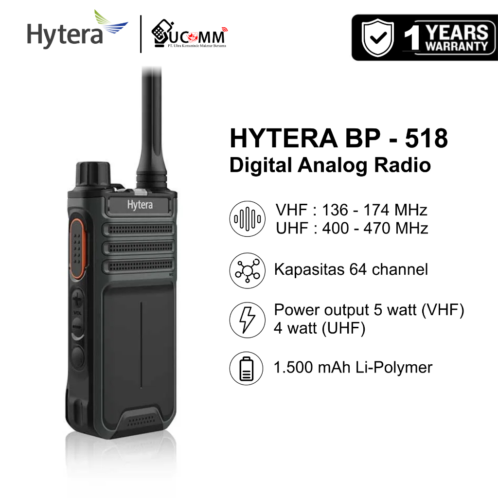 Jual Hytera BP 518 Single Band VHF UHF HT Digital Analog USB Type C Fast Charging Garansi Resmi ...