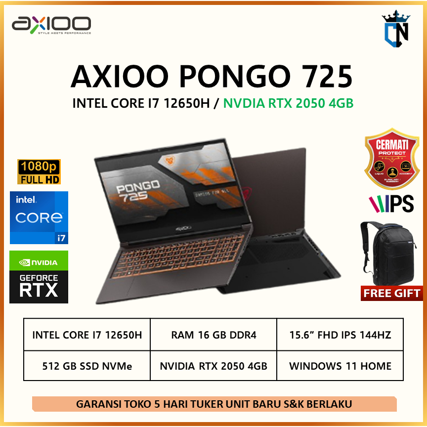 Jual Laptop AXIOO PONGO 725 I7 12650H RTX2050 4GB/ 16GB 1TB SSD W11PRO ...