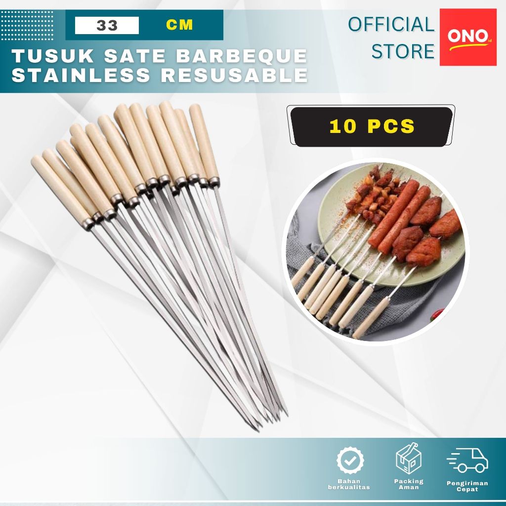 Jual ONOID Tusuk Sate Stainless Steel Gagang Kayu Pipih Alat Barbeque ...