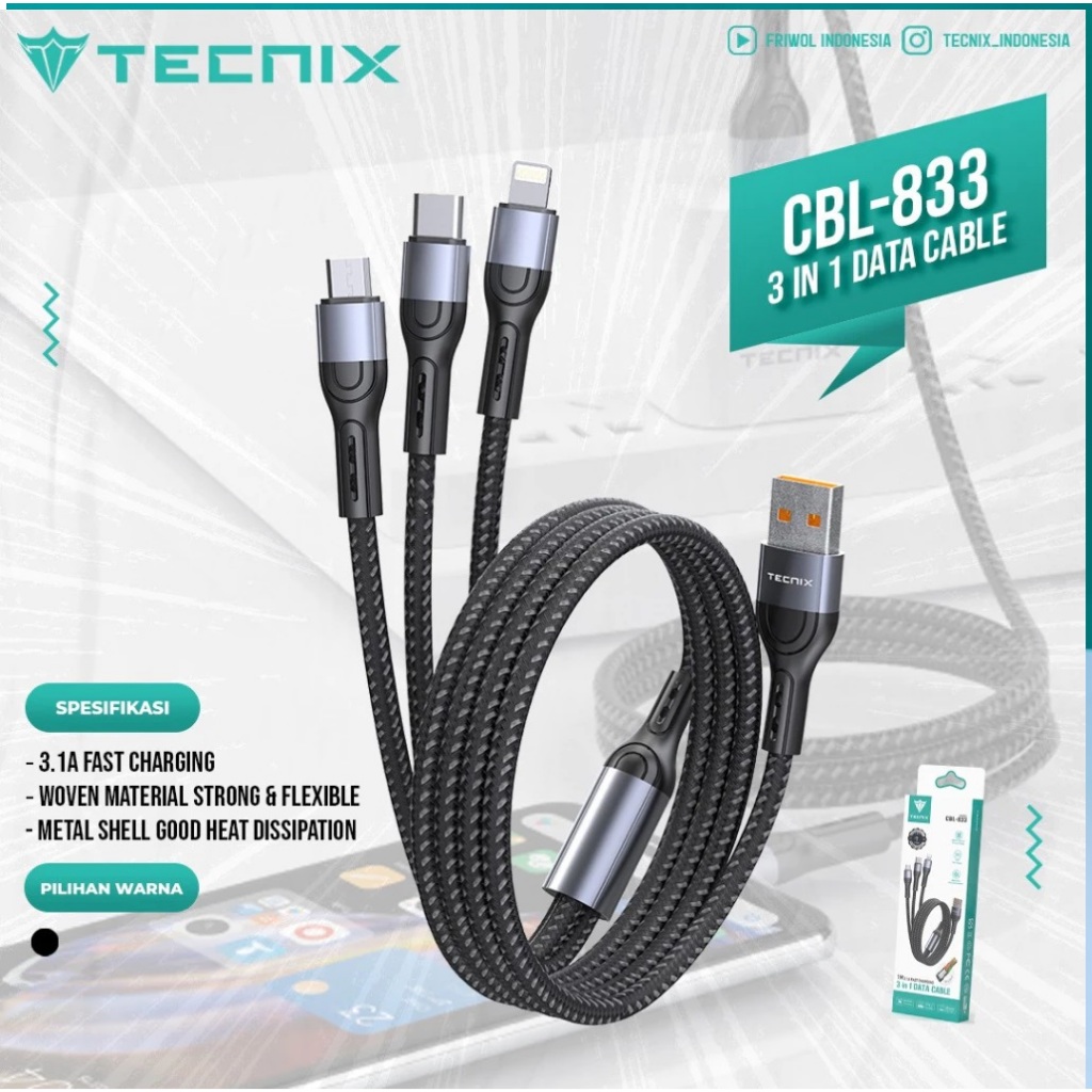Jual KABEL DATA 3 In 1 3.1A Fast Charging Original Tecnix CBL-833 | Shopee Indonesia
