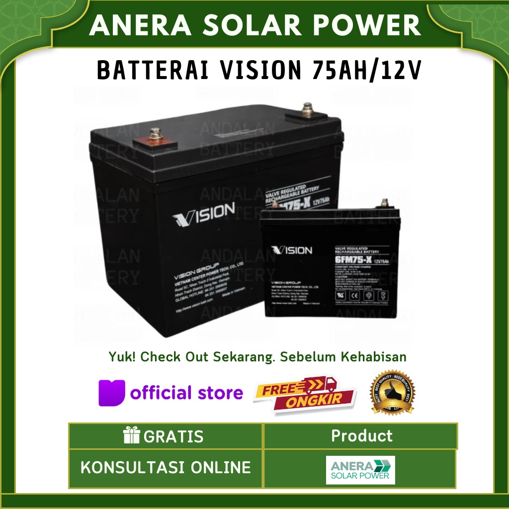 Jual Batterai Vision 75AH/12V new baru Panel Surya Solar Panel | Shopee ...